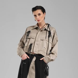 Beige Utility Crop Jacket - Collared Elastic Waist Jacket - Urban ...