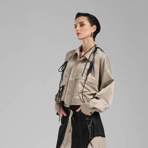 Beige Utility Crop Jacket - Collared Elastic Waist Jacket - Urban ...