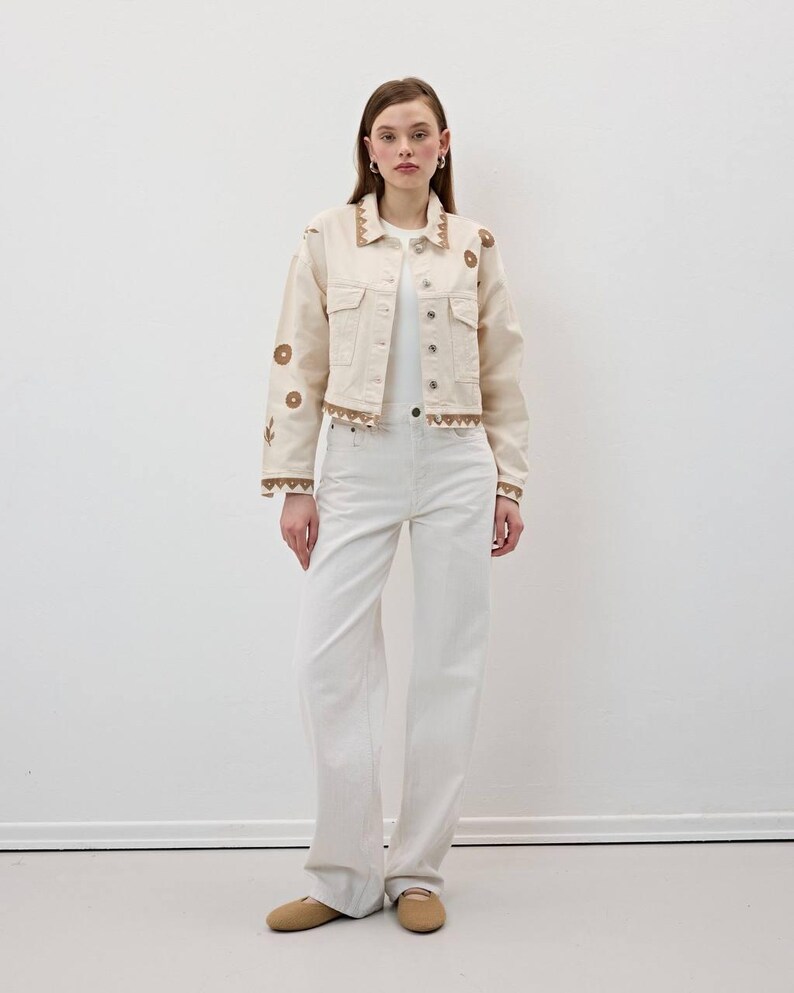 Beige Denim Crop Jacket for Women With Floral Embroidery – Button Front ...