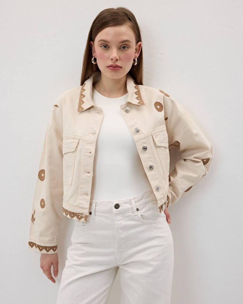 Beige Denim Crop Jacket for Women With Floral Embroidery – Button Front ...