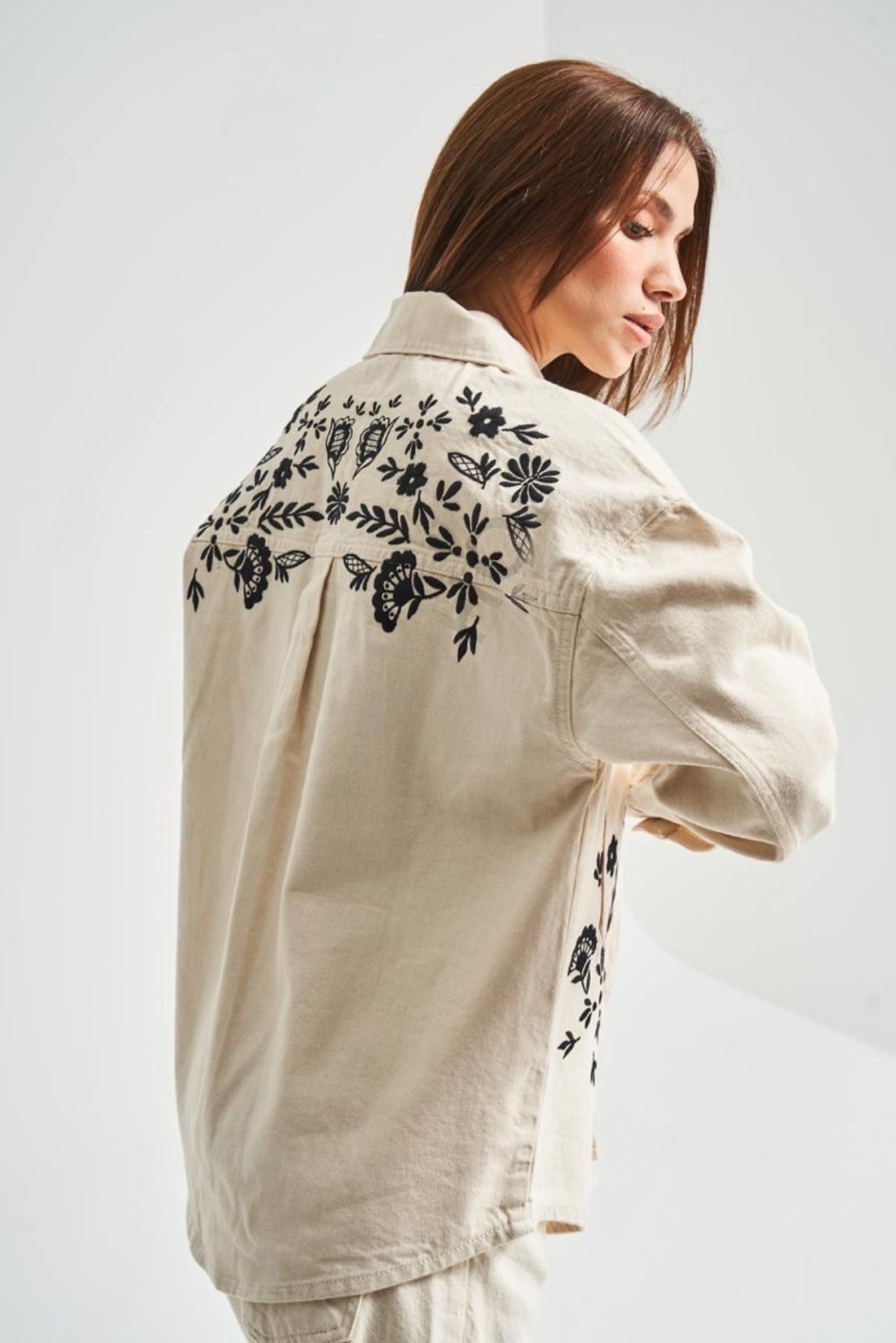 Women's Cream Denim Jacket Shirt – Black Floral Embroidered Oversized ...