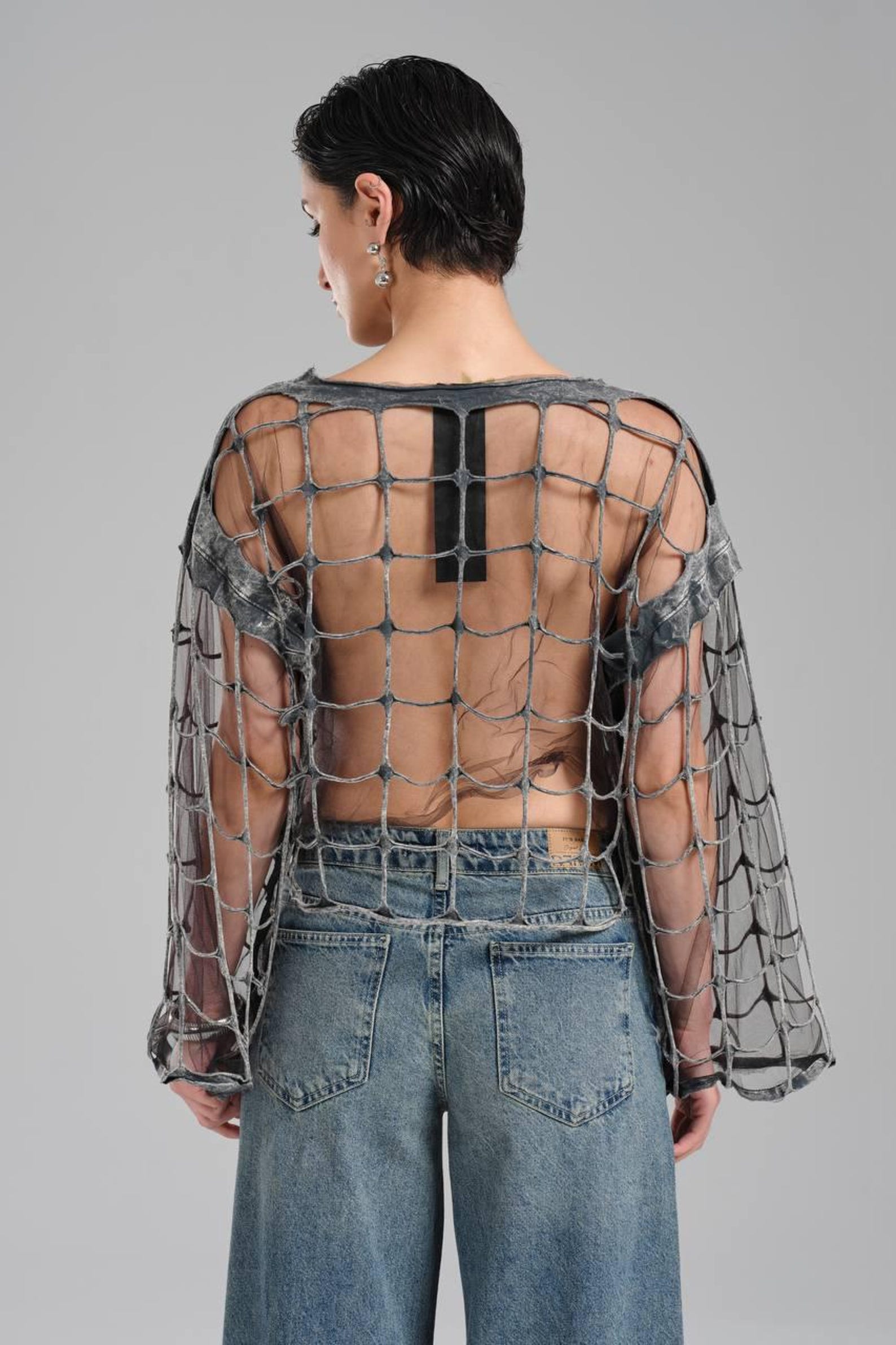 Gray Cotton Loose Fit Fishnet Long Sleeve Crop Top - Tulle Overlay Mesh ...