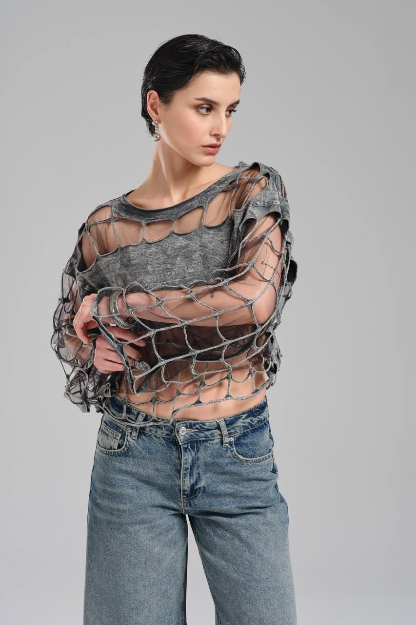 Gray Cotton Loose Fit Fishnet Long Sleeve Crop Top - Tulle Overlay Mesh ...