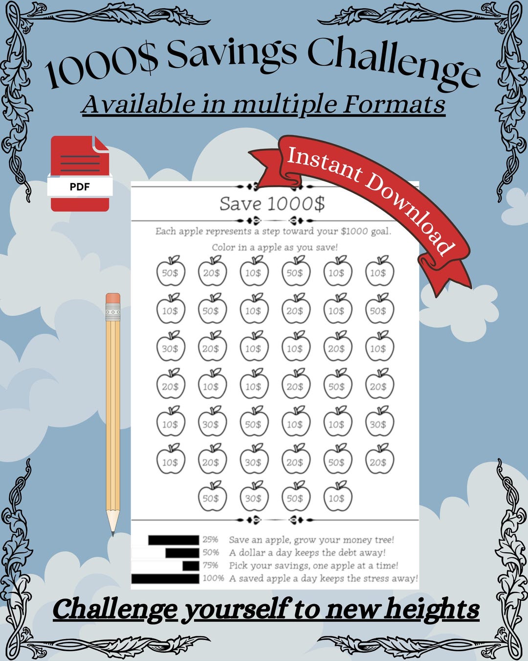 1,000 Savings Tracker - 1000 Savings Goal Printable - 1000 Savings ...