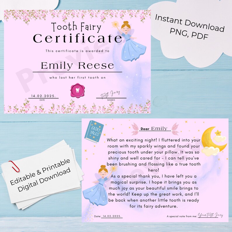 Tooth Fairy Certificate & Letter – Printable Digital Download PNG; PDF ...