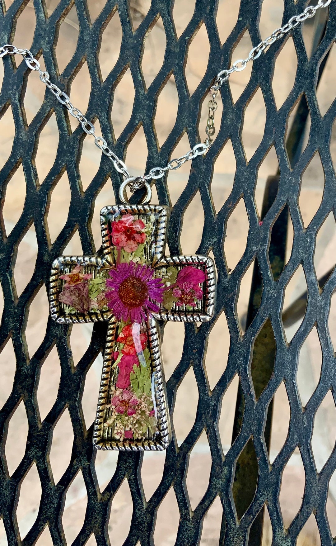 Wildflowers Floral Cross Pendant Dried Flowers Necklace Cross Necklace ...