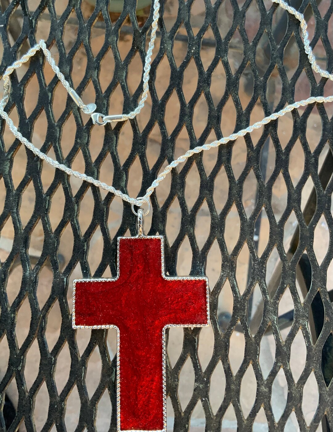 Scarlet Menagerie Sterling Silver Chain Large Red Cross Pendant Resin ...