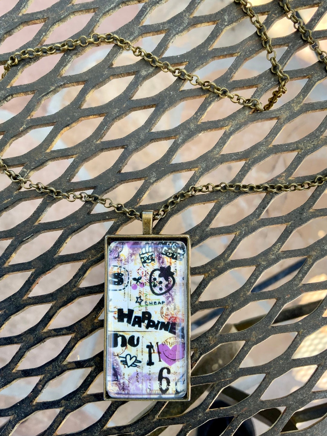 Happy Graffiti Copper Glass Pendant Necklace by Alteredhead on Etsy ...