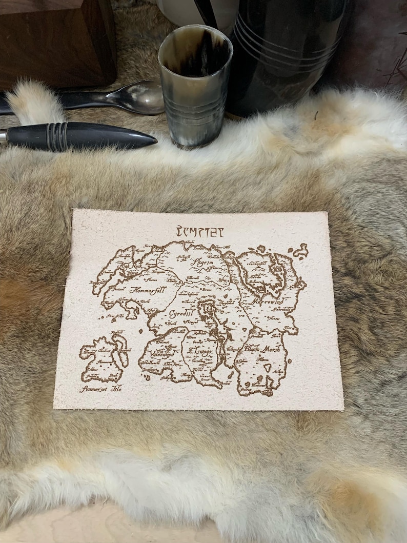 Tamriel Leather Map - Laser Engraved Map - Elder Scrolls - Fantasy Map ...