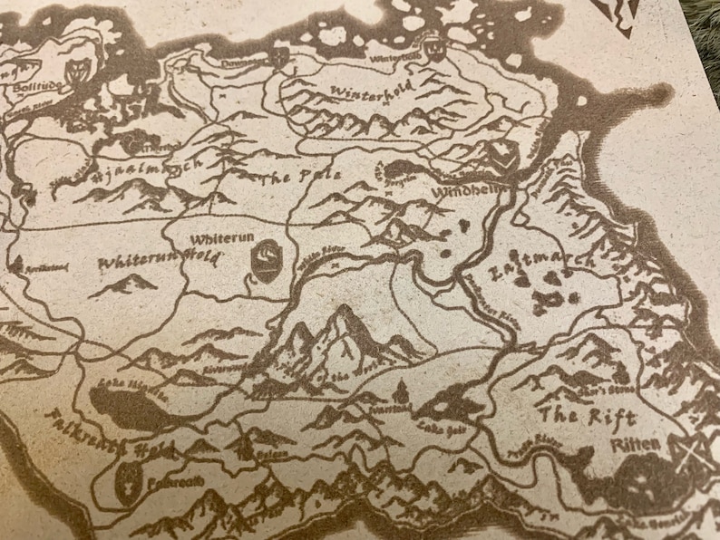 Skyrim Leather Map - Laser Engraved Map - Elder Scrolls Gamer Gift ...