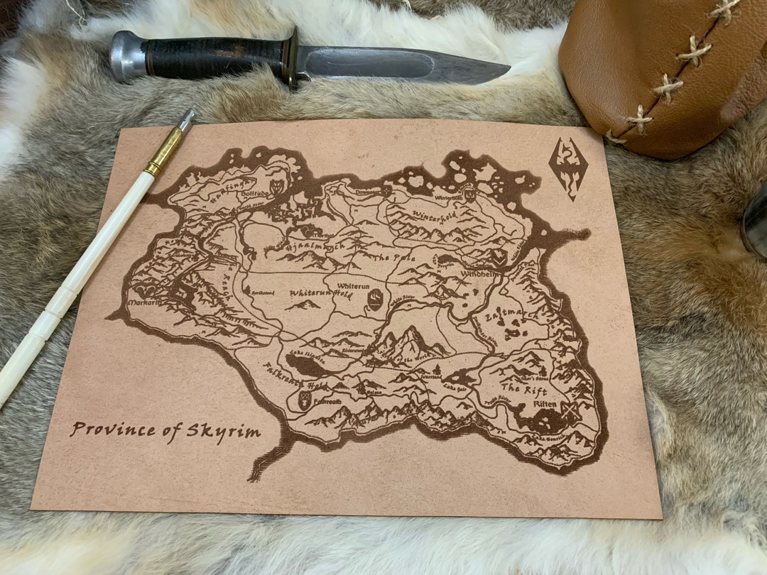 Skyrim Leather Map - Laser Engraved Map - Elder Scrolls Gamer Gift ...
