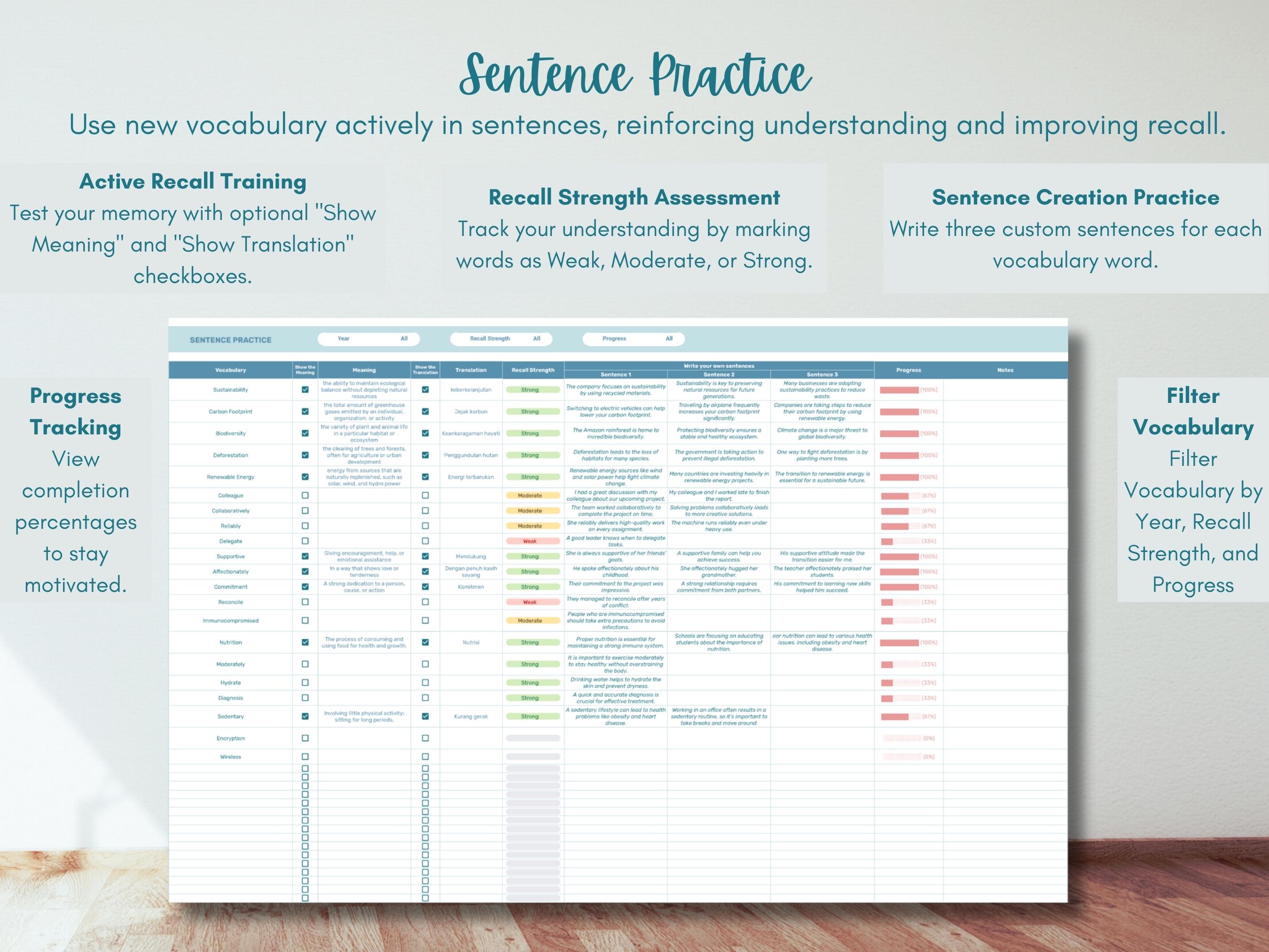 Vocabulary Learning Planner Google Sheets Digital Vocabulary Tracker ...