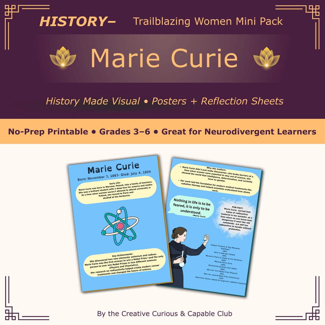 Marie Curie Printable Set: Homeschool STEM Poster, Fact Sheet ...