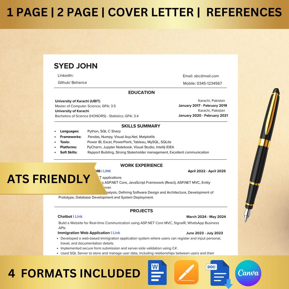 ATS Resume Template: Modern CV, Cover Letter, References (word, Google ...