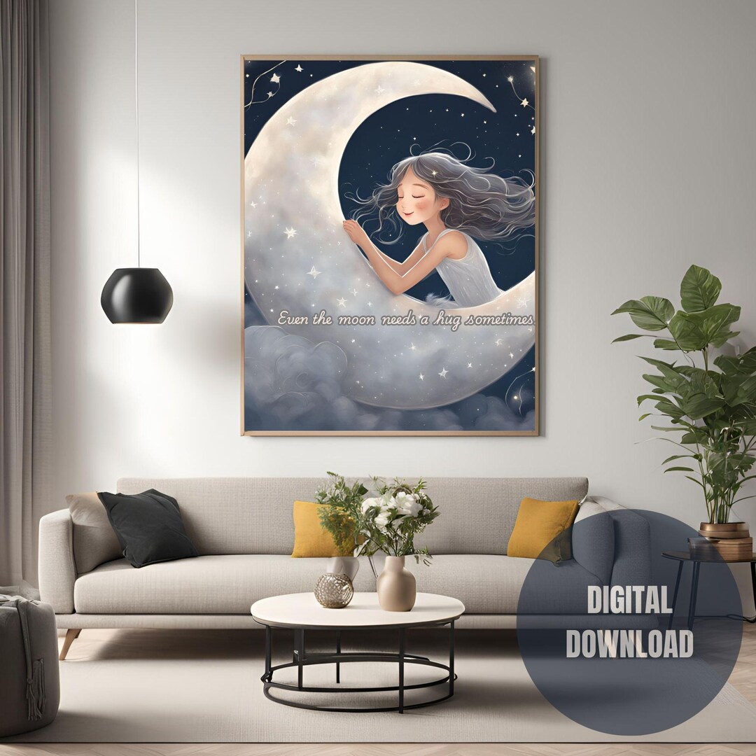 Girl Hugging Moon Digital Download , Moon Art, Digital Wall Art - Etsy