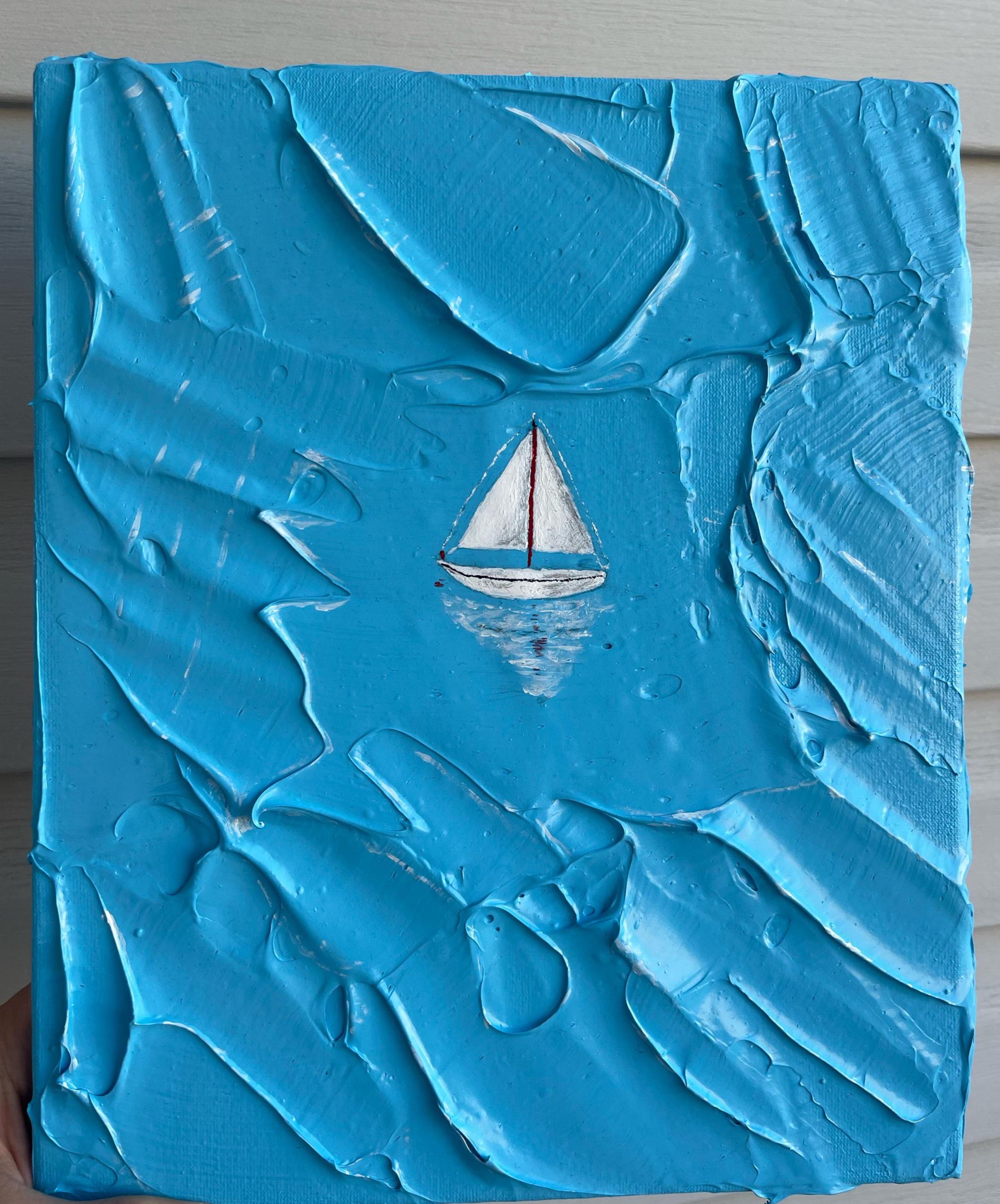 Textured Ocean Painting – Sailboat on Big Waves – Modern Marine Wall ...