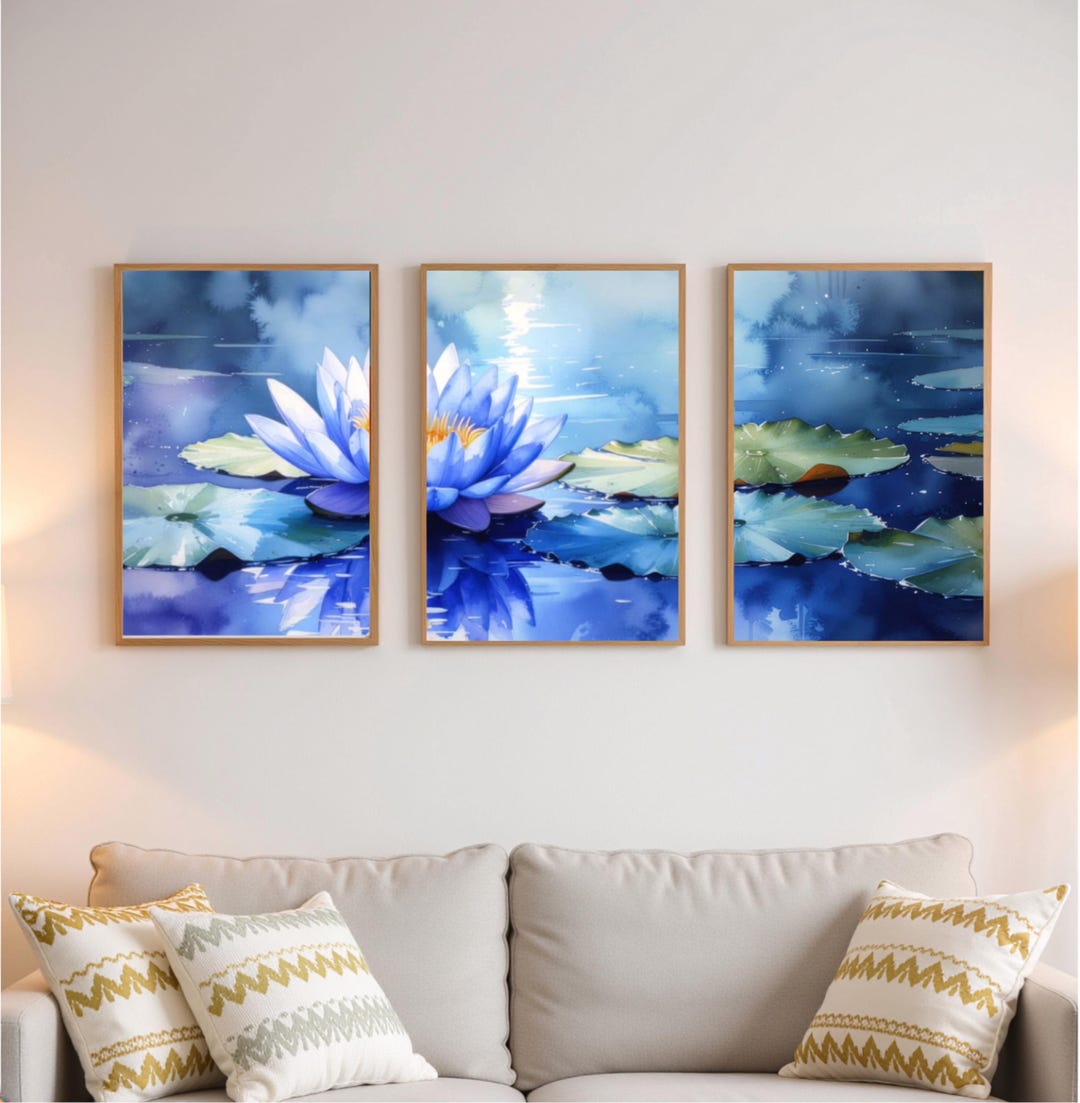 Blue Lotus Flower Triptych Wall Art – Meditation Room Printable ...