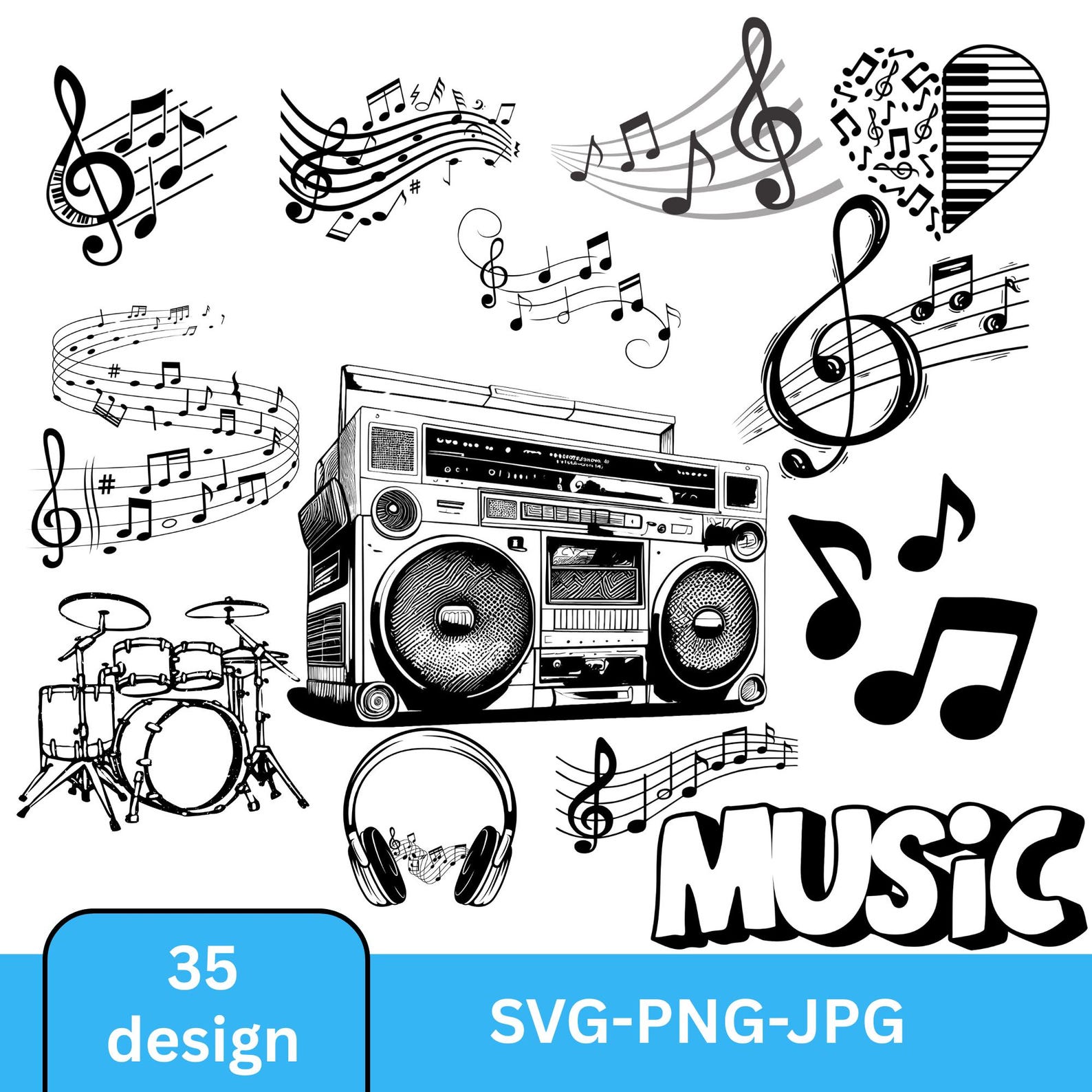Musical Instruments Svg Png Bundle, Guitar Piano Drum Trumpet Violin ...