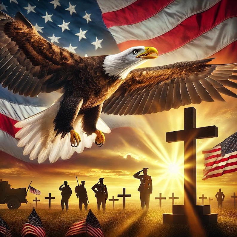 Majestic Bald Eagle With American Flag | Patriotic Sunset Mountain Art ...