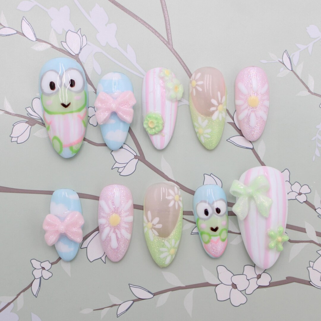 Keroppi Inspired Press on Nails/made to Order/handmade/frog Sanrio Bow ...