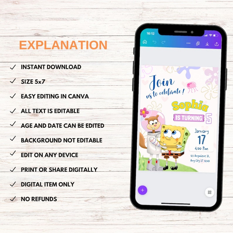 Editable Spongebob and Sandy Birthday Invitation: 5x7 Cartoon Party ...