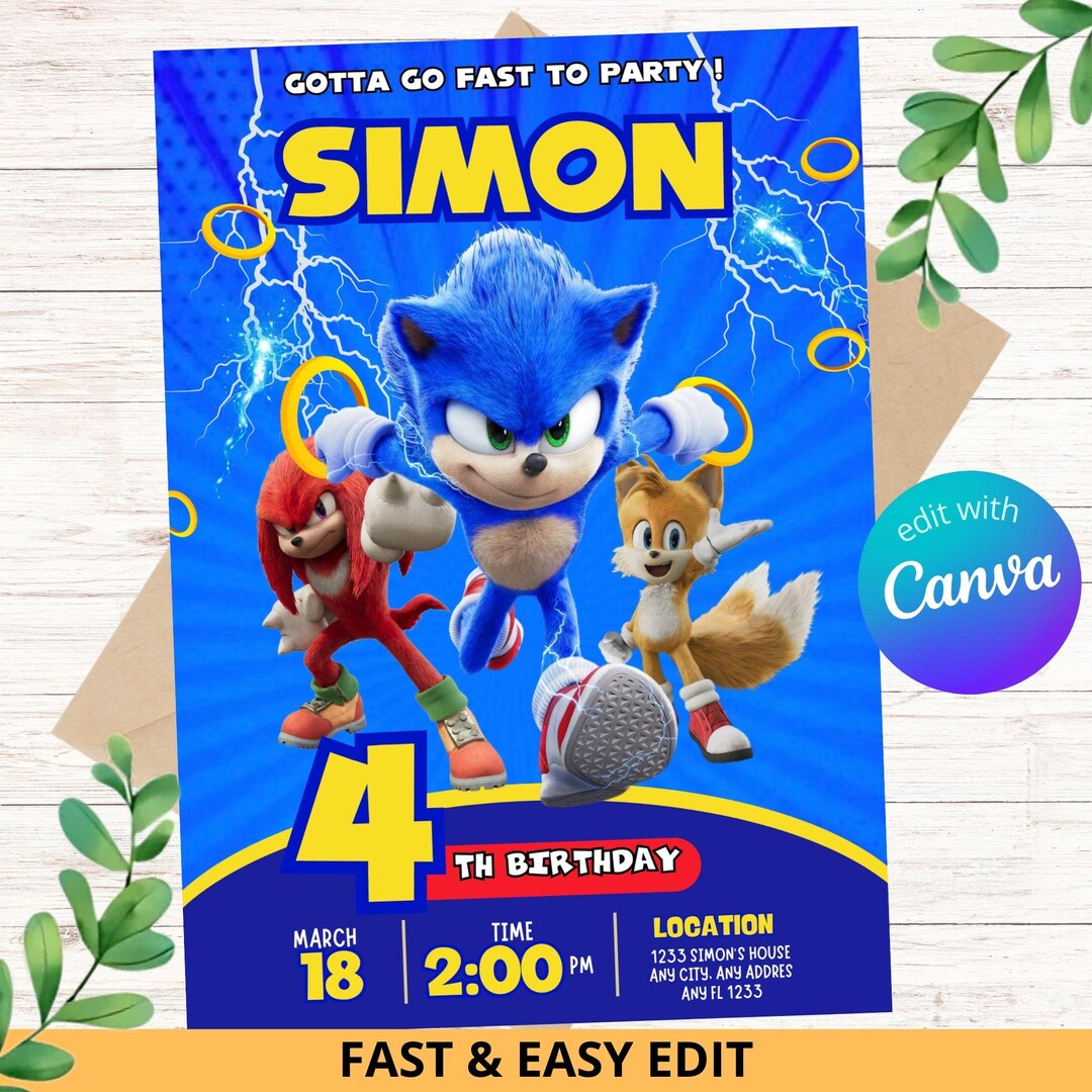 Sonic Birthday Invitation, Super Hedgehog Boys Party Invitation, Super ...