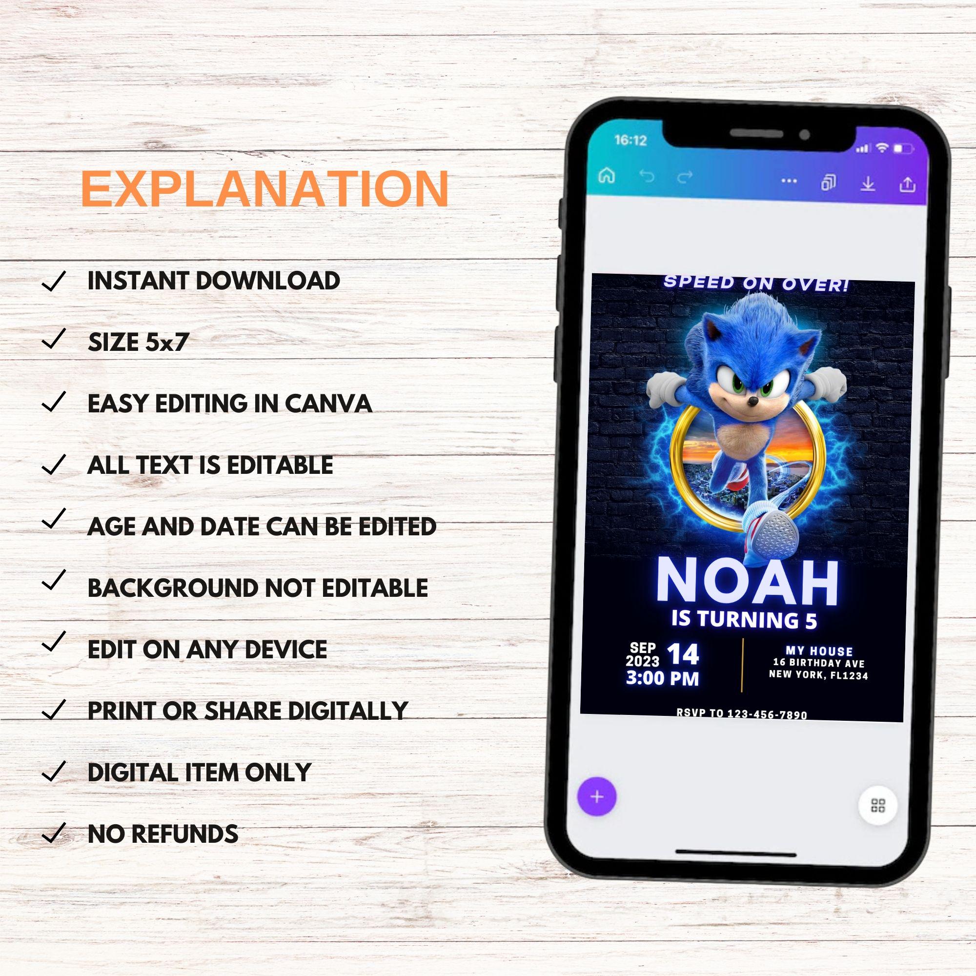 Sonic Birthday Invitation, Editable and Printable, Amazing Sonic Party ...