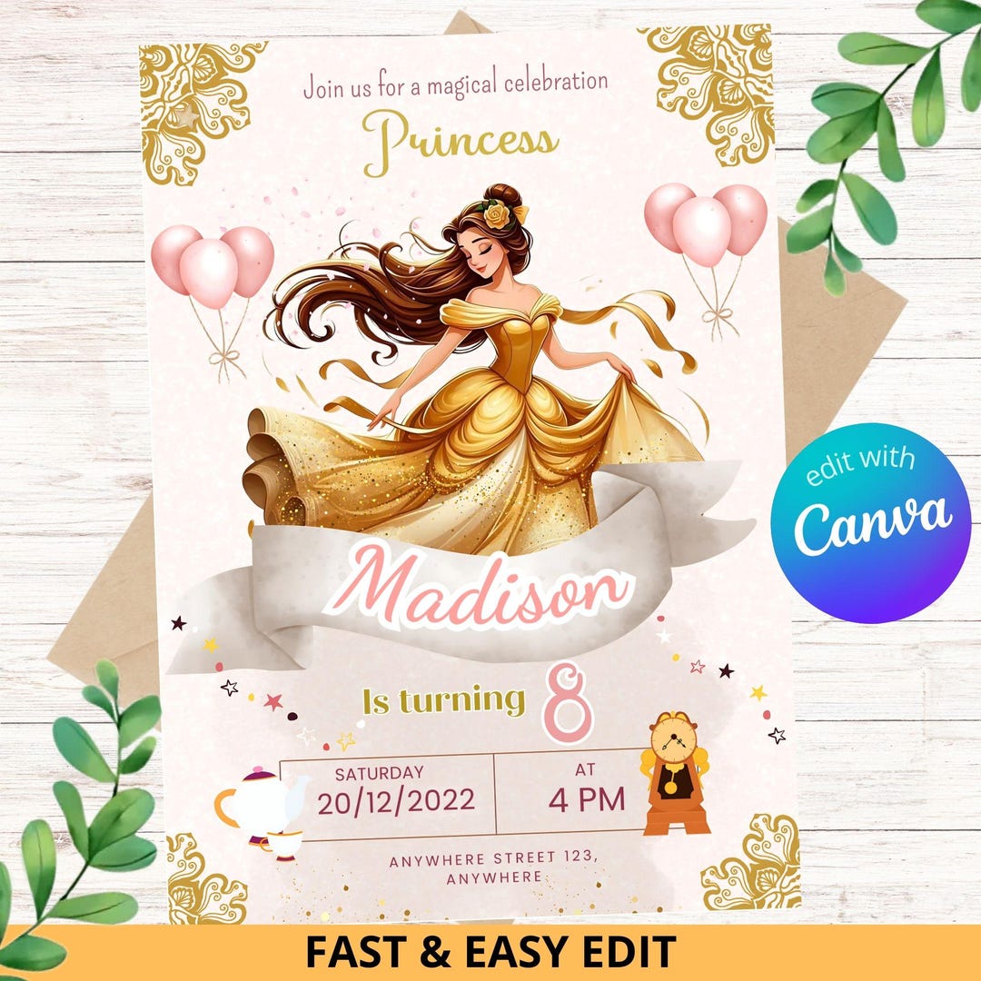 Princess Belle Birthday Invitation, Editable Party Invite (digital ...
