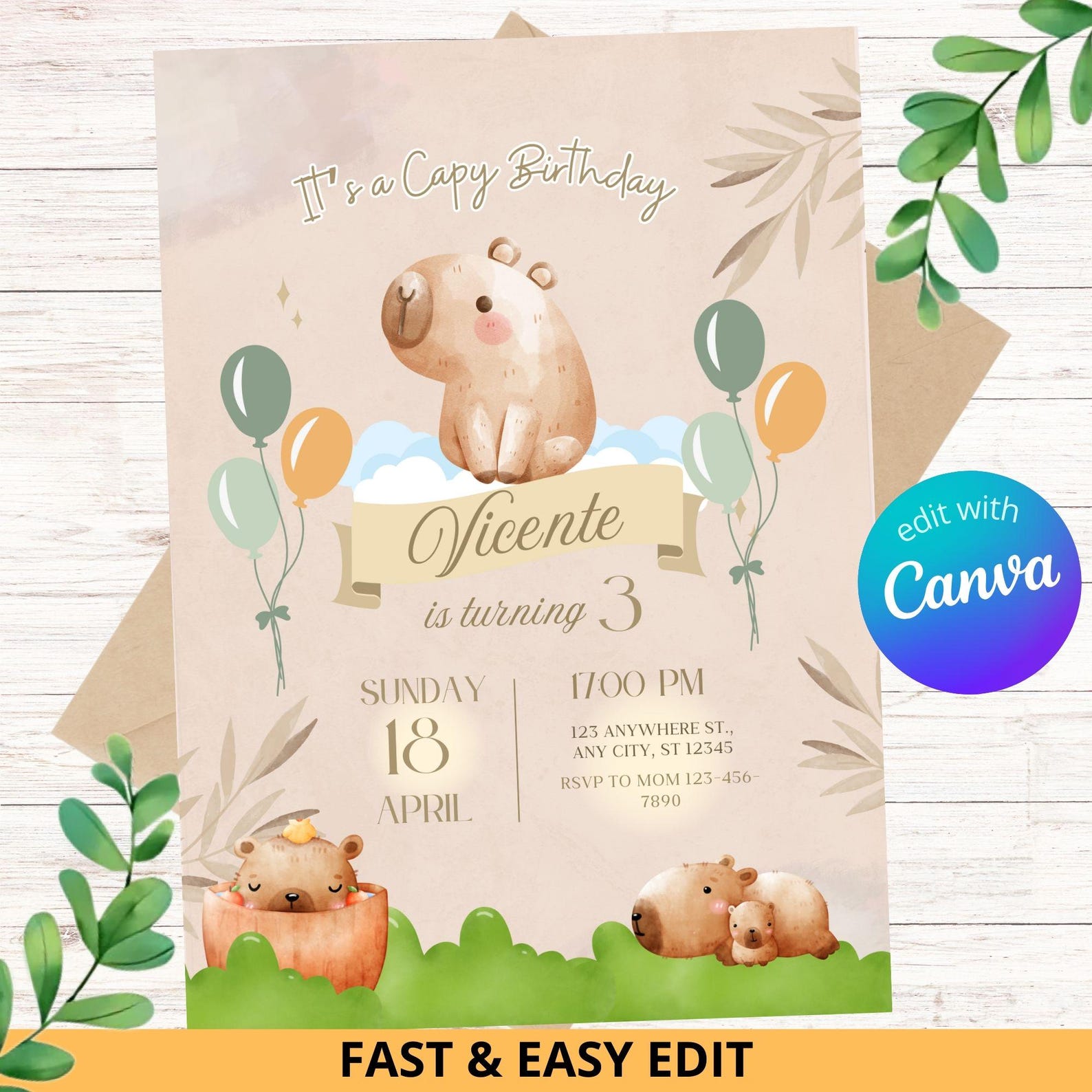 Capybara Birthday Invitation - Editable and Printable Capybara ...