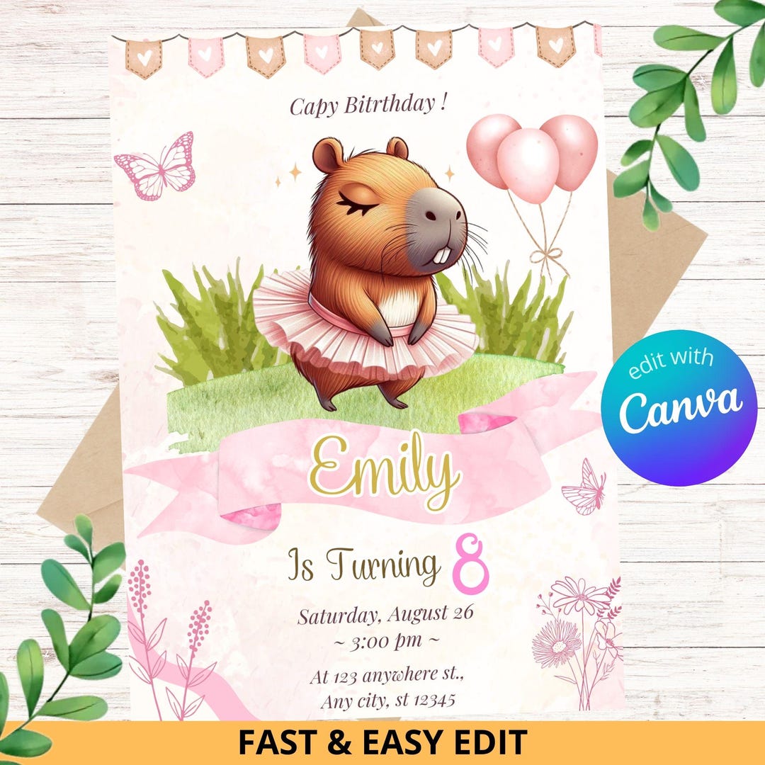 Editable Capybara Birthday Invitation, Kawaii Capybara Birthday, Cute ...