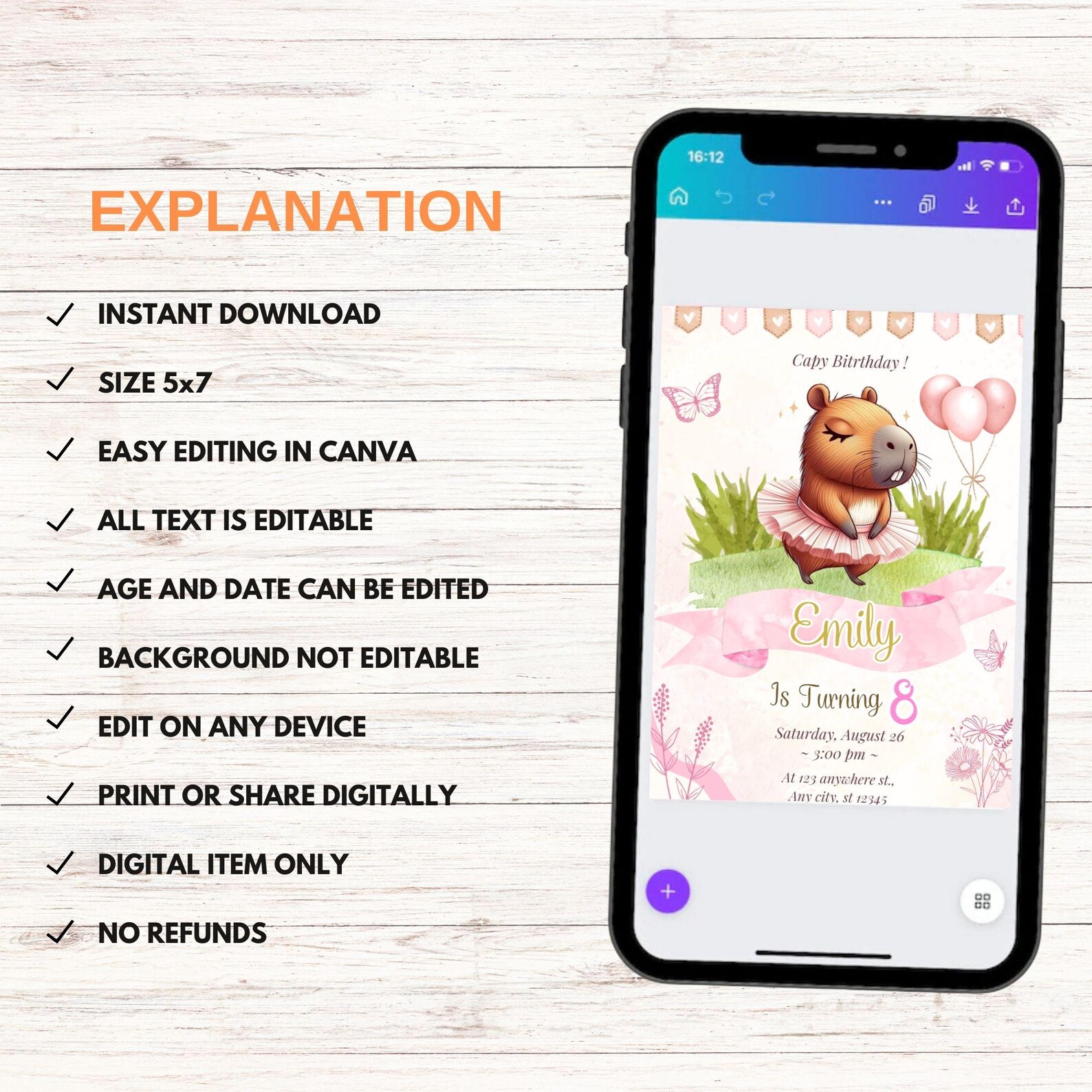 Editable Capybara Birthday Invitation, Kawaii Capybara Birthday, Cute ...