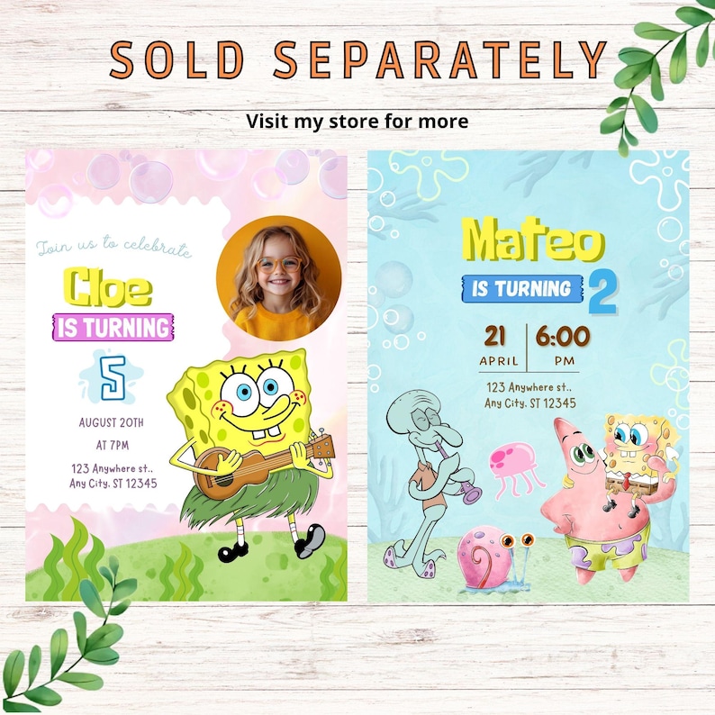 Editable Spongebob and Sandy Birthday Invitation: 5x7 Cartoon Party ...