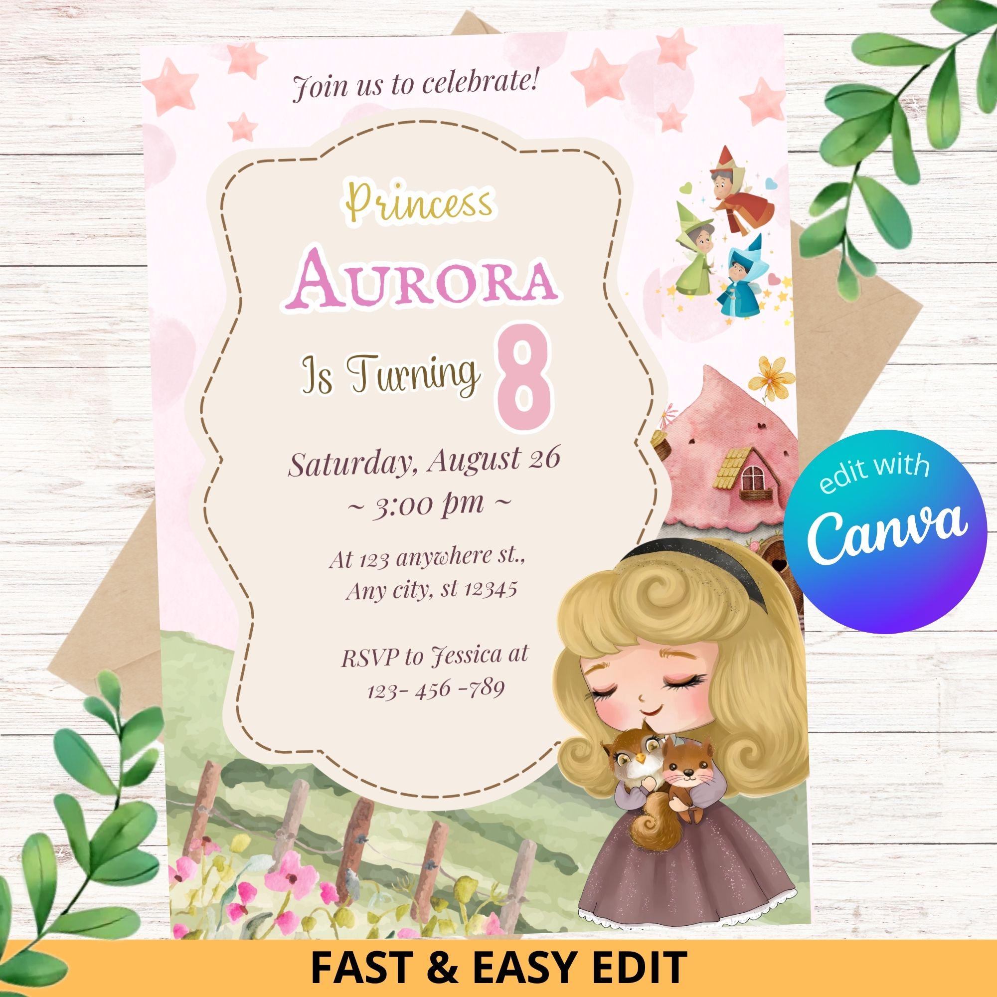 Editable Princess Aurora Birthday Invitation, Printable Card (digital ...