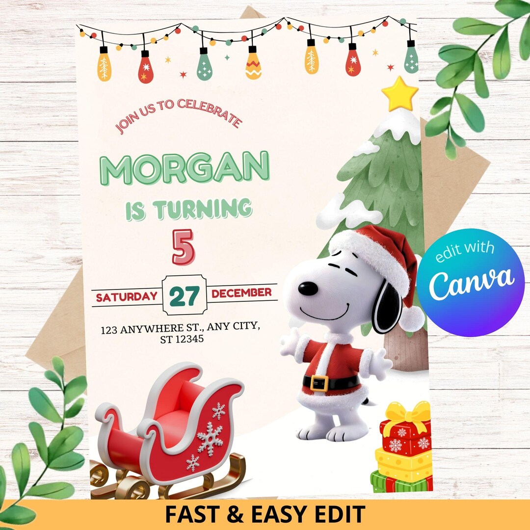 Snoopy Christmas Birthday Invitation Template (digital Download) Canva ...