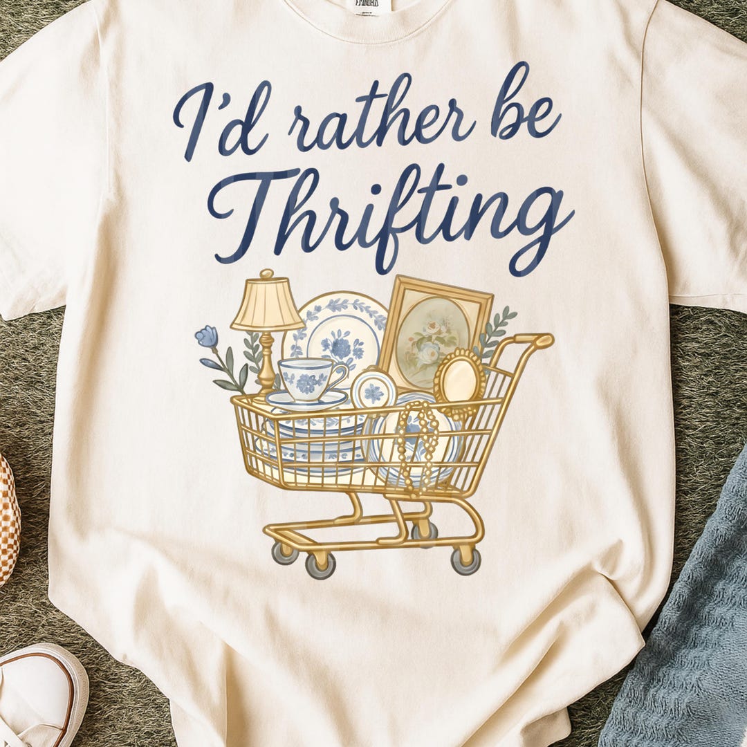 I’d Rather Be Thrifting PNG, Blue and Gold Vintage Decor Cart, Retro ...