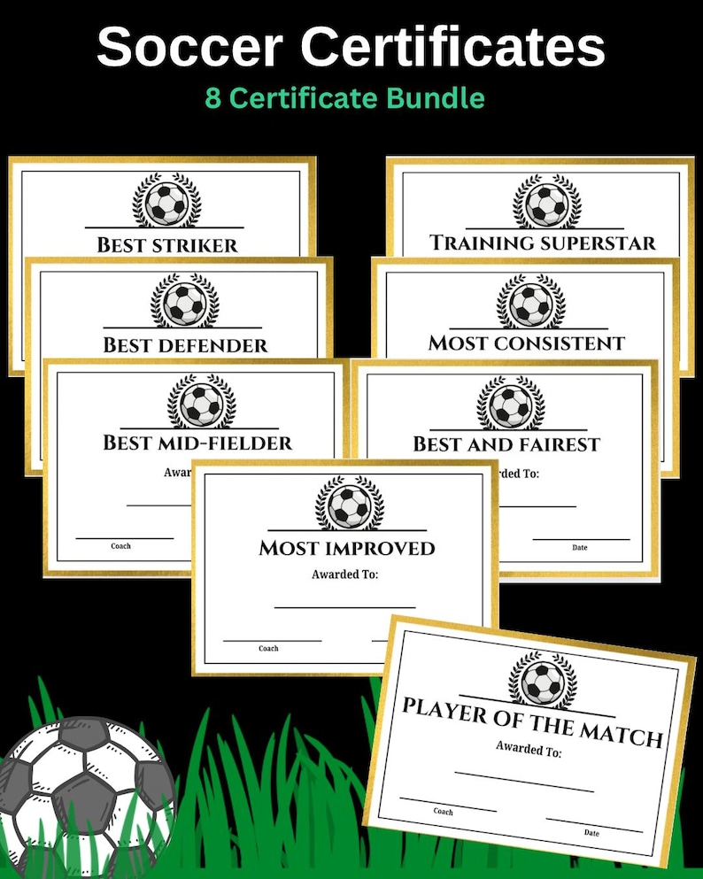 Soccer Award Certificates: 8 Printable Designs (PDF) - Etsy