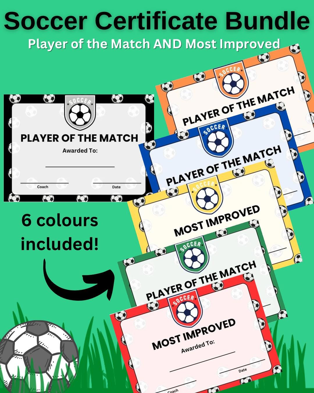 Soccer Player of the Match Certificate Award Printable. 6 Colours and 2 ...