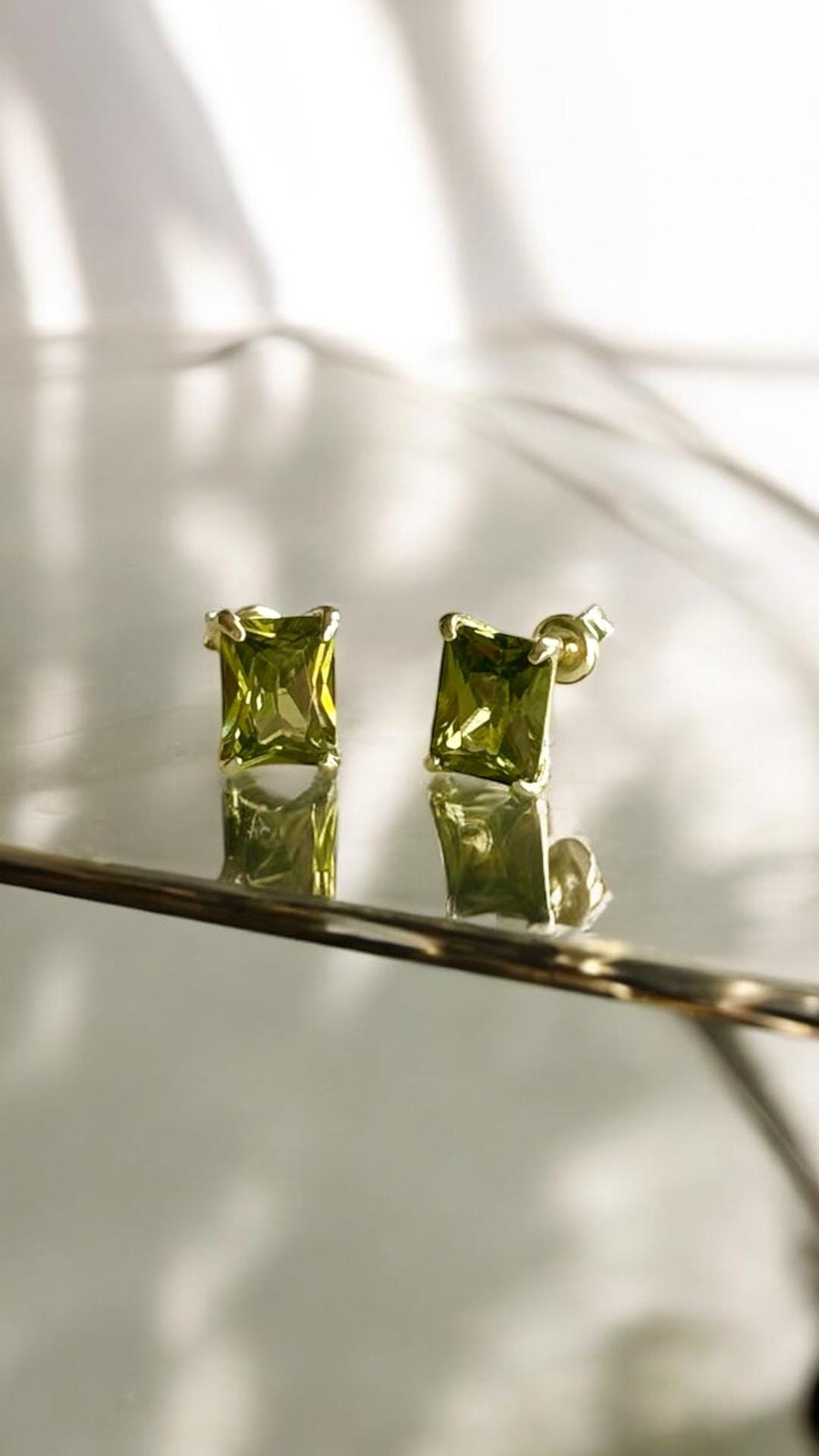Rectangle Peridot Earring, 14K Solid Gold, August Birthstone Earrings ...