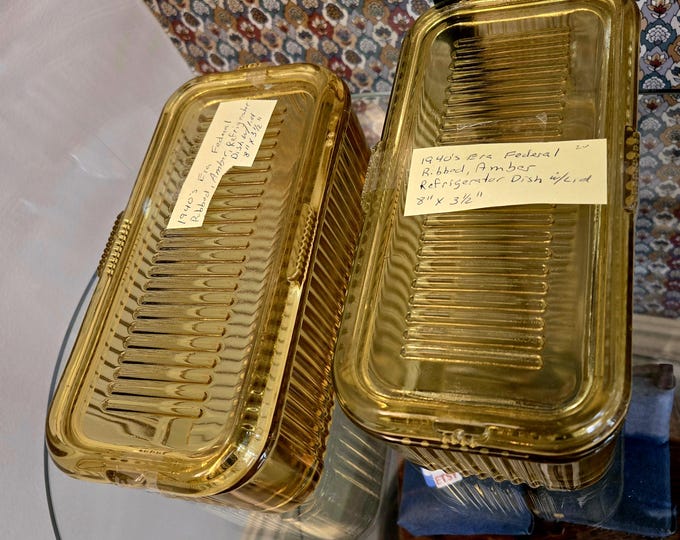 Ribbed Amber Federal Refrigerator Glass Storage Dish With Lid, Set of 2 ...