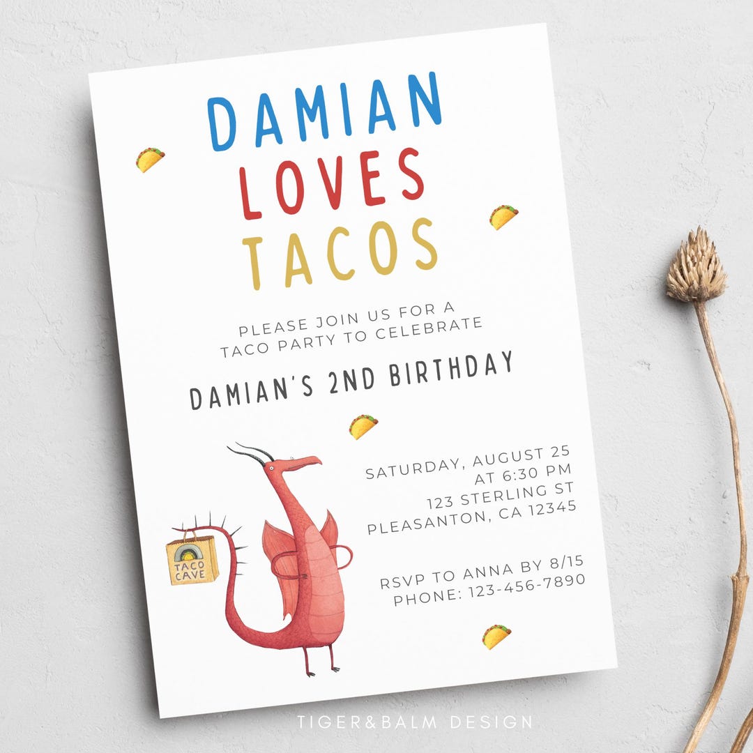 Dragons Love Tacos Birthday Party Invitation, Taco Party, Toddler ...
