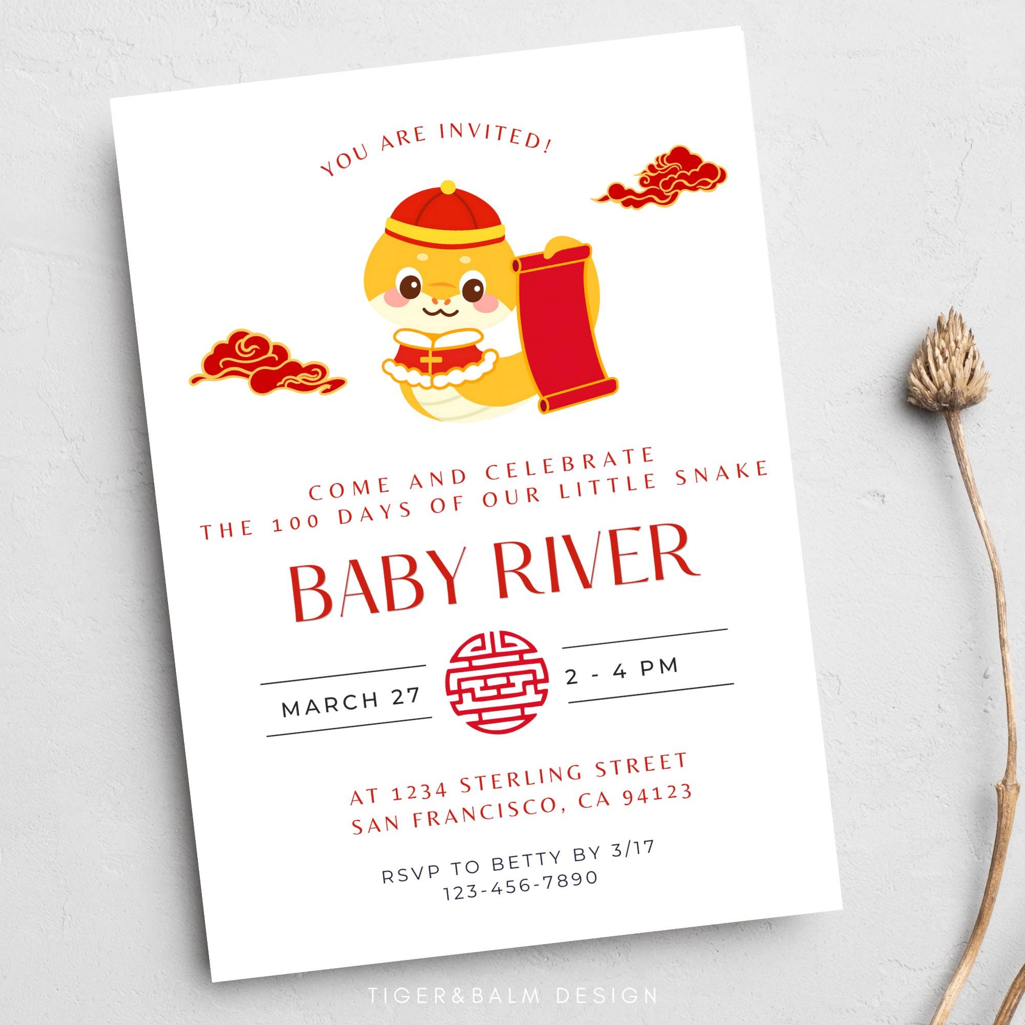 Year of the Snake 100 Days Celebration Party, Red Egg and Ginger Invite ...