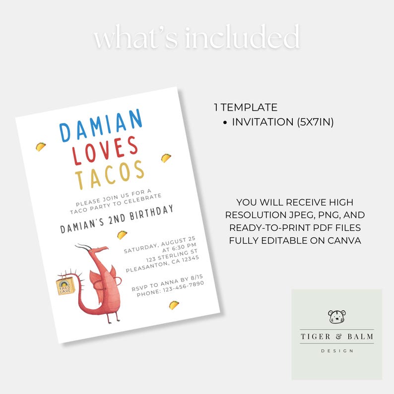 Dragons Love Tacos Birthday Party Invitation, Taco Party, Toddler ...