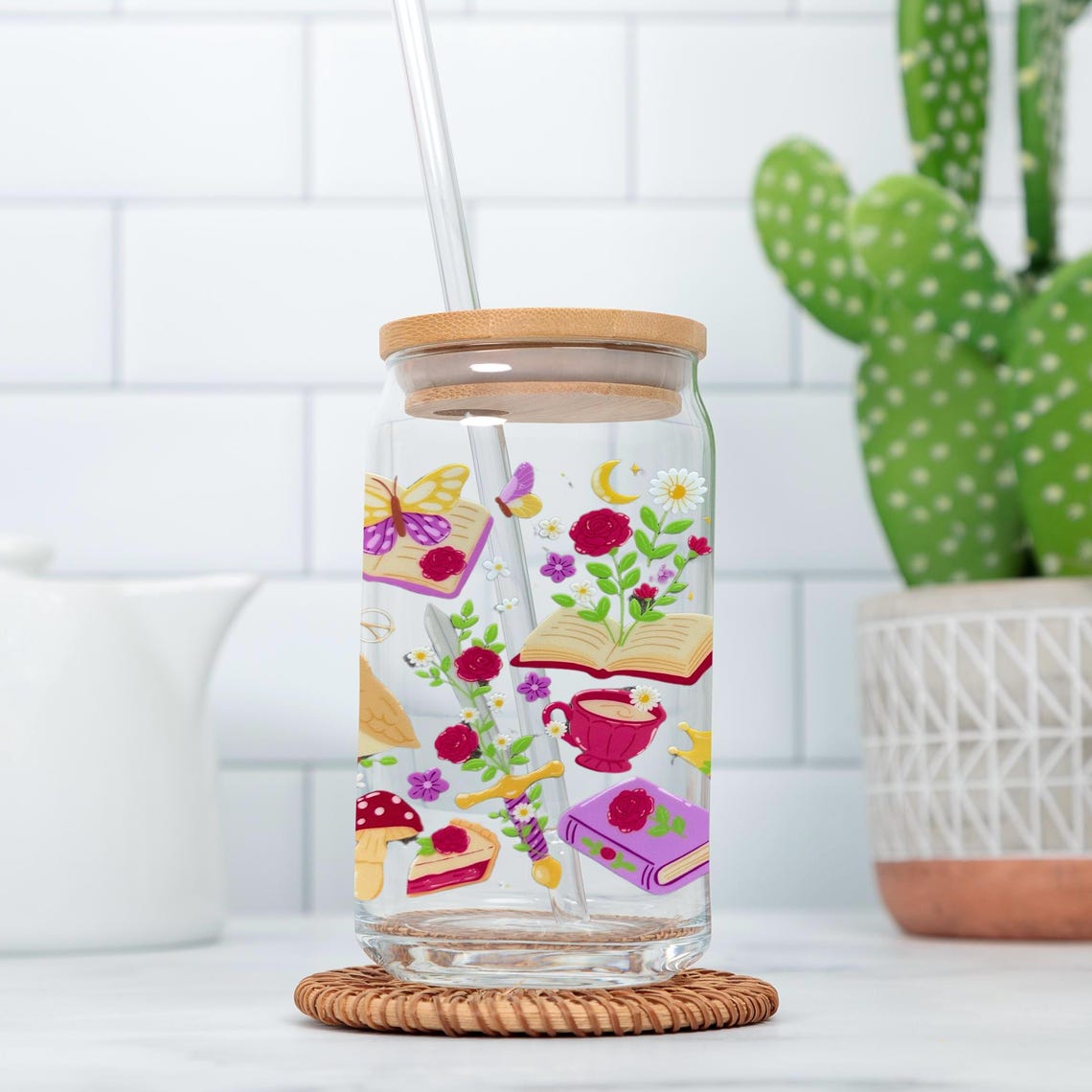 Fantasy Cottagecore Glass Tumbler | Bookish Cup With Straw, Butterflies ...