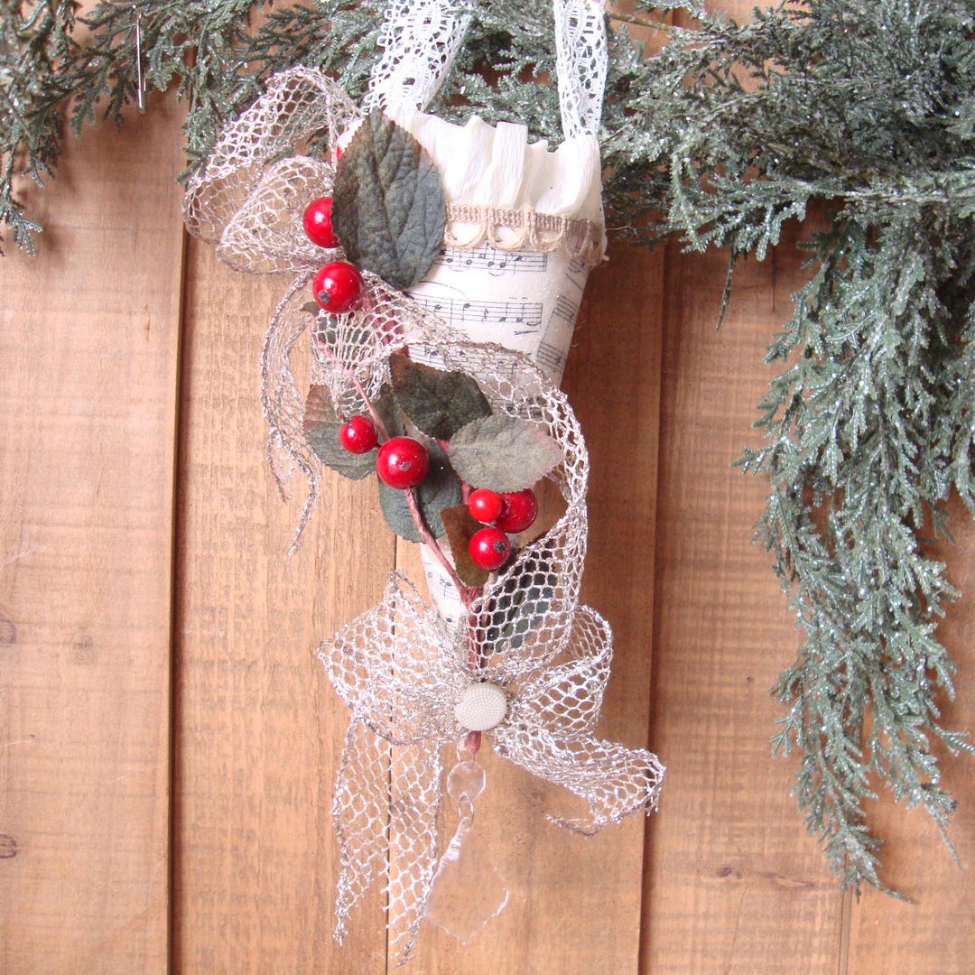 Christmas Tussie Mussie, Vintage Style Candy Container, Cone Ornament ...