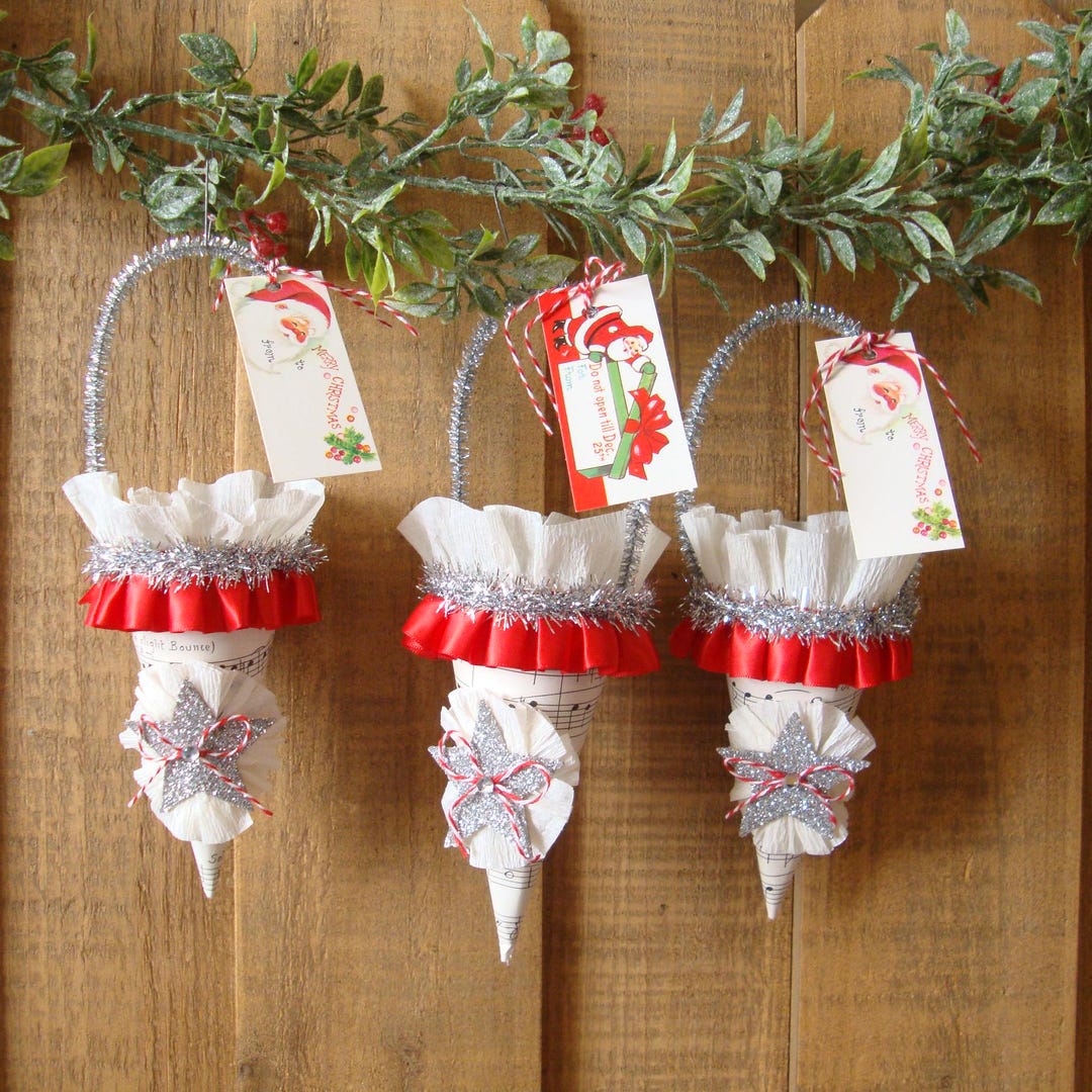 Christmas Cone Ornaments, Paper Mache Cone, Candy Containers, Christmas ...