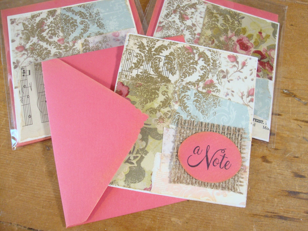 Notecard Set, Pink and Gold, Notecards, Mixed Media Paper Art, Vintage ...