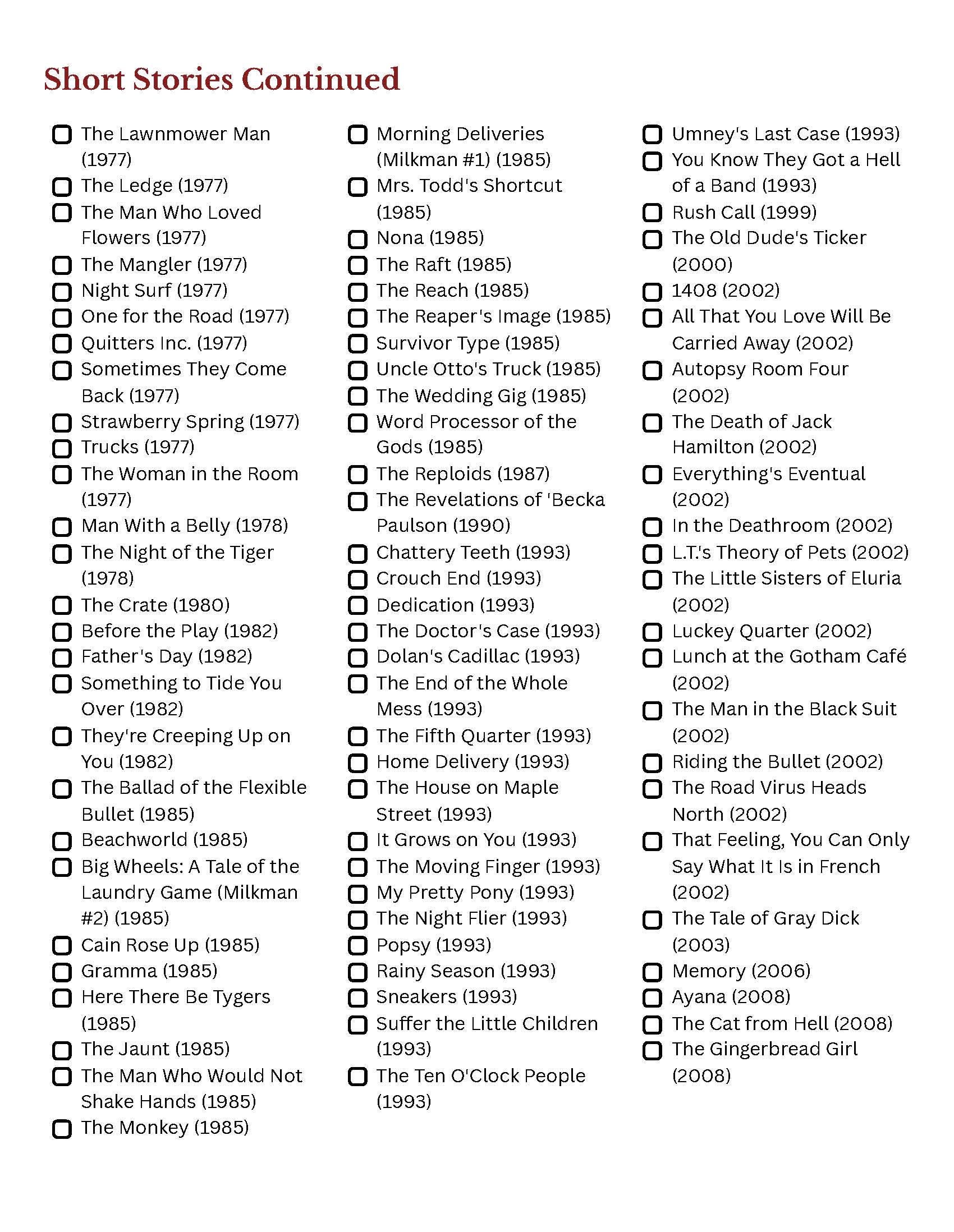 Stephen King Reading Checklist Book Tracker Fiction 2025 Bookshelf ...