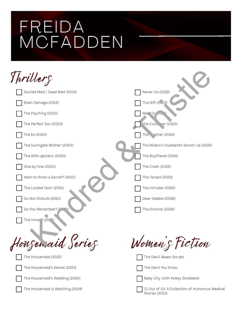Freida Mcfadden Reading Checklist Book Tracker Novels 2026 Bookshelf ...