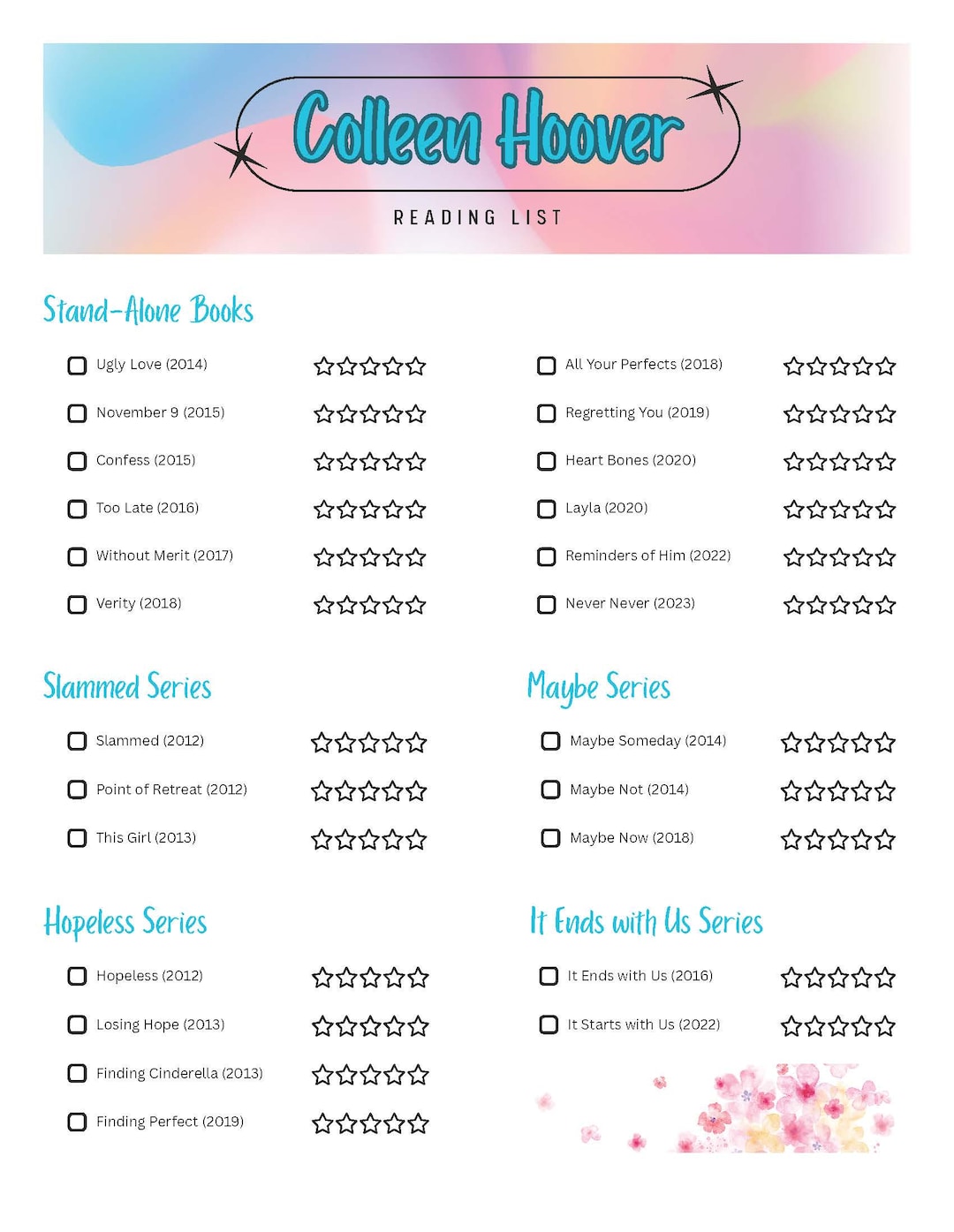 Colleen Hoover Reading Checklist Book Tracker Novels 2025 Bookshelf ...