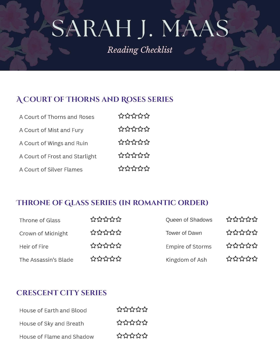 Sarah J Maas Reading Checklist Book Tracker Novels 2025 Bookshelf ...